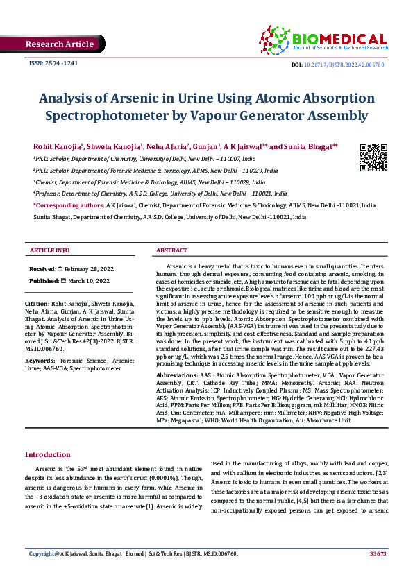 (PDF) Analysis of Arsenic in Urine Using Atomic Absorption ...