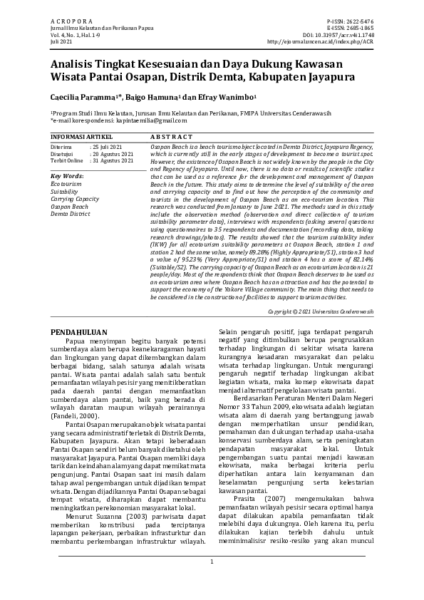 (PDF) Analisis Tingkat Kesesuaian dan Daya Dukung Kawasan Wisata Pantai ...