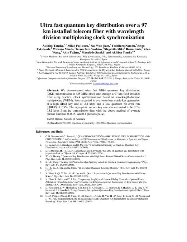 (PDF) Ultra fast quantum key distribution over a 97 km installed telecom fiber with wavelength ...