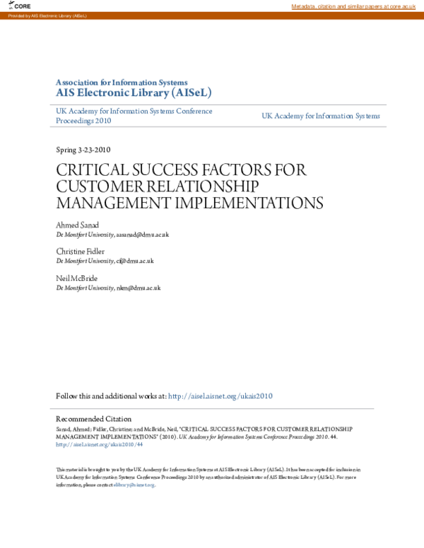 (PDF) Critical Success Factors for Customer Relationship Management Implementations