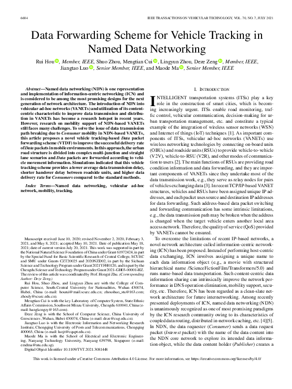 Pdf Data Forwarding Scheme For Vehicle Tracking In Named Data Networking Maode Ma