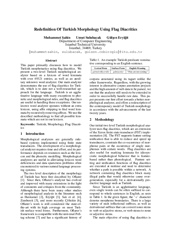 (PDF) Redefinition Of Turkish Morphology Using Flag Diacritics