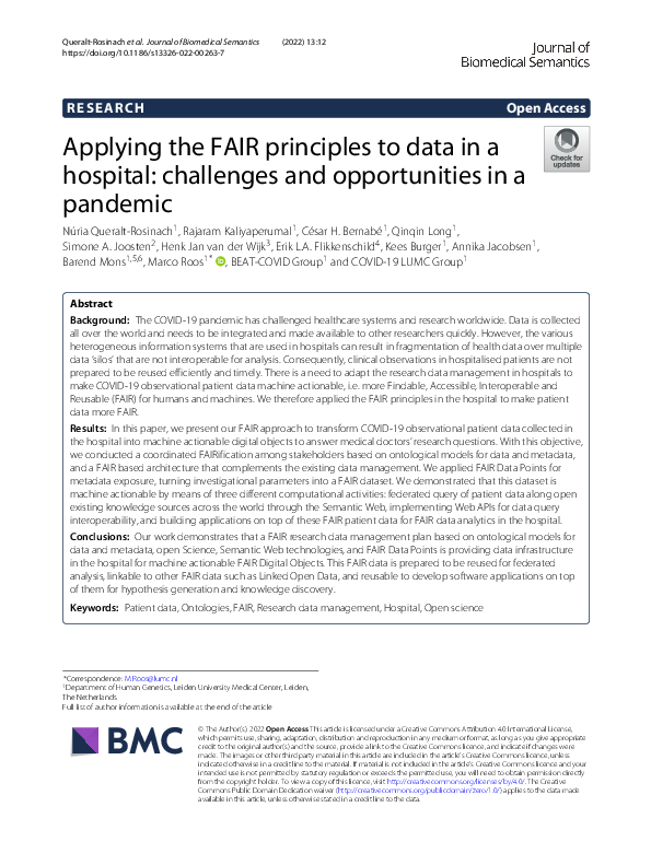 (PDF) Applying the FAIR principles to data in a hospital: challenges ...