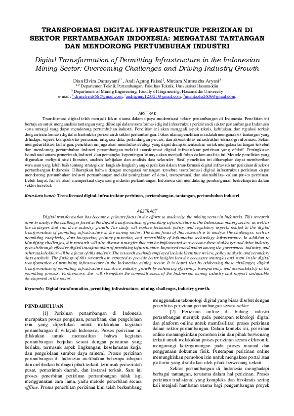 (PDF) TRANSFORMASI DIGITAL INFRASTRUKTUR PERIZINAN DI SEKTOR PERTAMBANGAN INDONESIA