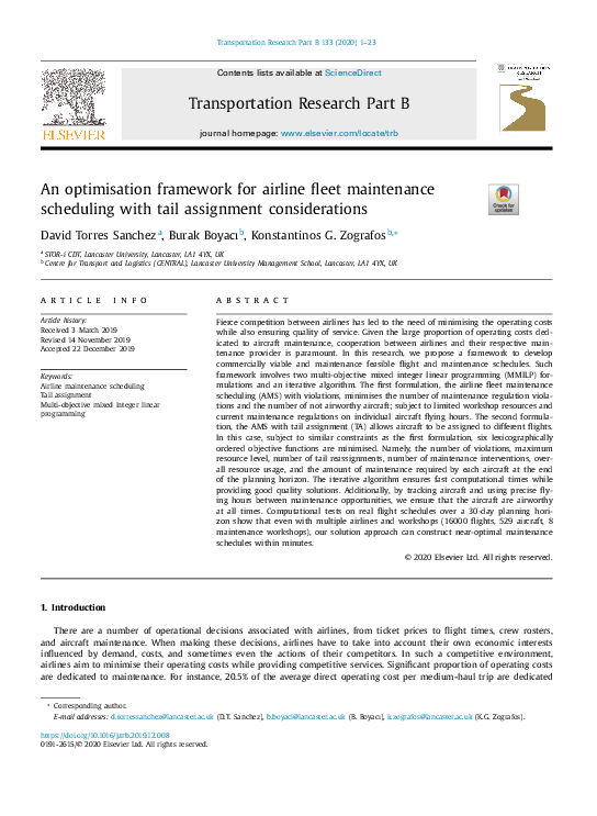 (PDF) An optimisation framework for airline fleet maintenance scheduling and tail assignment