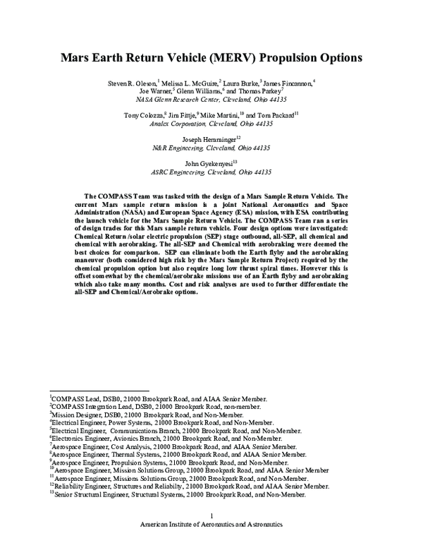 (PDF) Mars Earth Return Vehicle (MERV) Propulsion Options