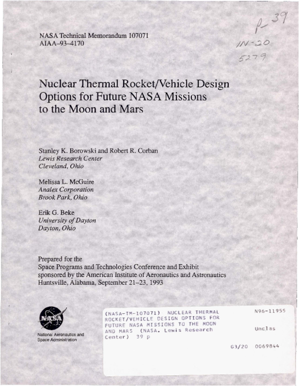 (PDF) Nuclear thermal rocket/vehicle design options for future NASA ...