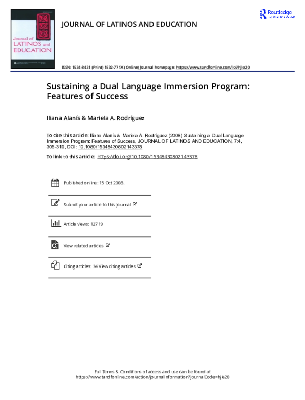 (PDF) Sustaining a Dual Language Immersion Program: Features of Success