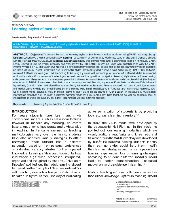 (PDF) Learning styles of medical students