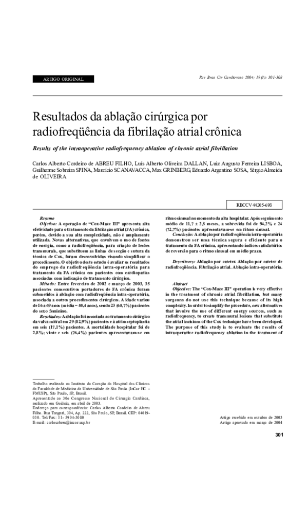 Pdf Resultados Da Ablação Cirúrgica Por Radiofreqüência Da Fibrilação