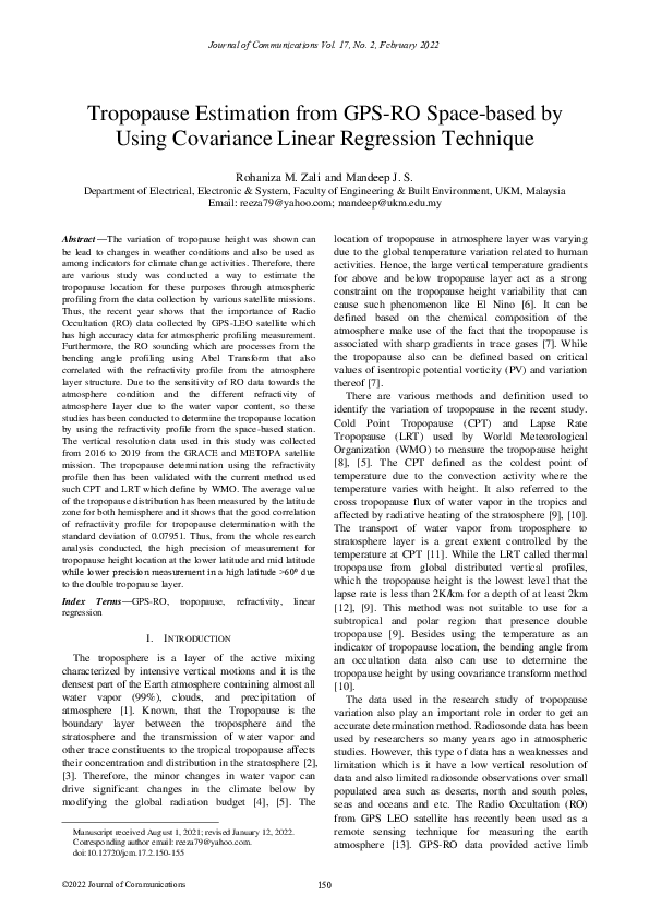 (PDF) Tropopause Estimation from GPS-RO Space-based by Using Covariance Linear Regression Technique