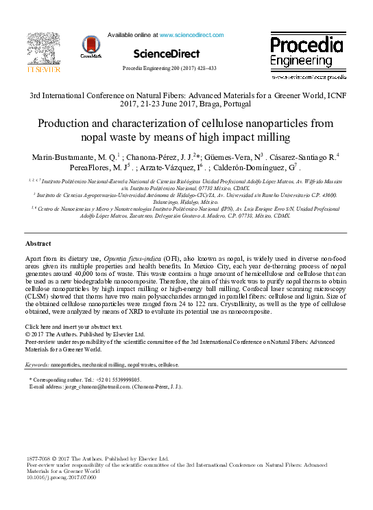 (PDF) Production and Characterization of Cellulose Nanofibers from Wood Pulp