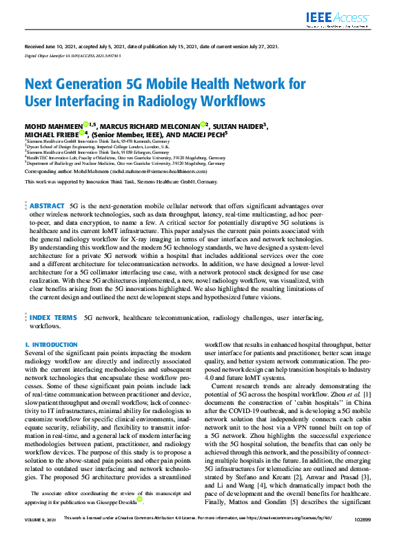 (PDF) Next Generation 5G Mobile Health Network for User Interfacing in Radiology Workflows