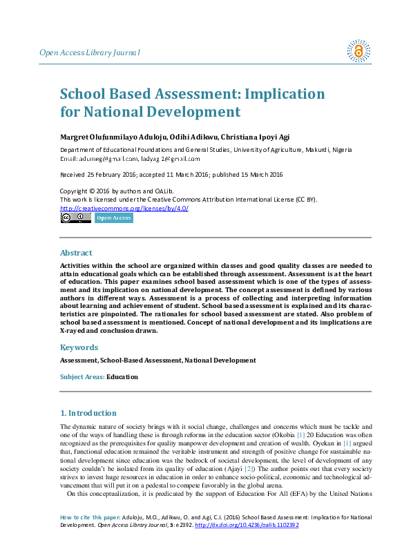 (PDF) School Based Assessment: Implication for National Development