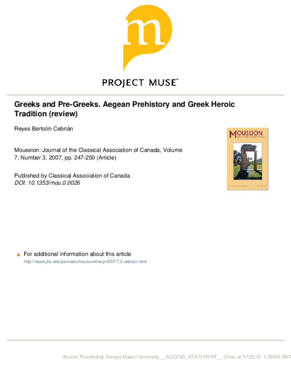 (PDF) Greeks and Pre-Greeks. Aegean Prehistory and Greek Heroic Tradition