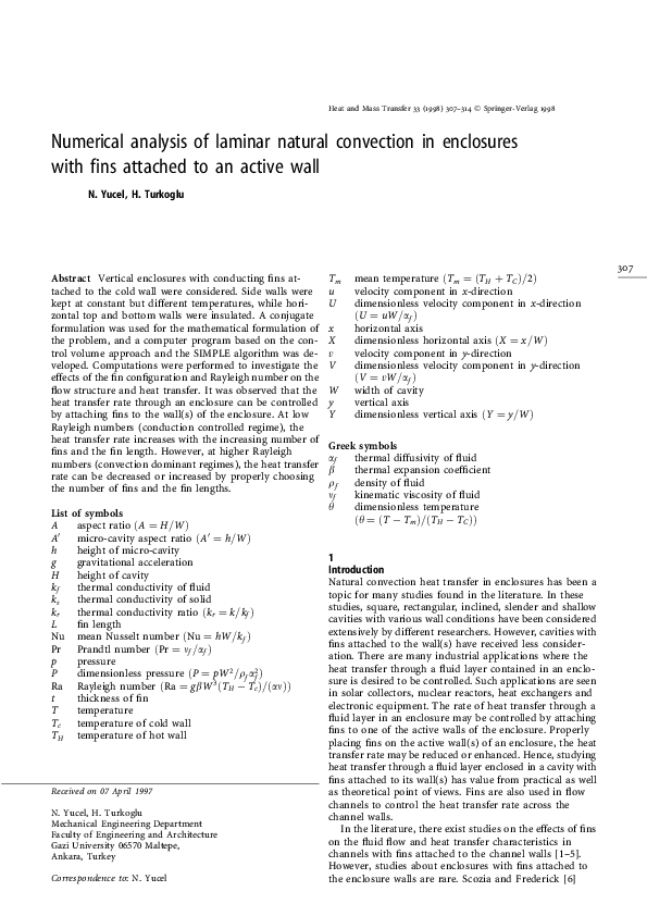 (PDF) Numerical analysis of laminar natural convection in enclosures with fins attached to an ...