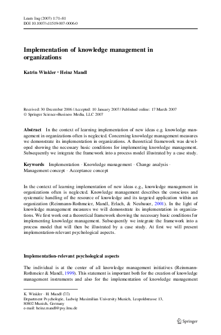 (PDF) Implementation of knowledge management in organizations