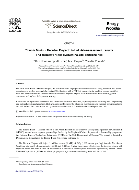 (PDF) Illinois Basin-Decatur Project: initial risk-assessment results ...