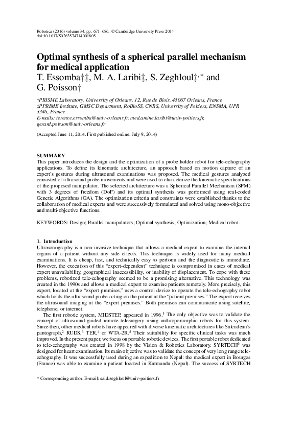 (PDF) Optimal synthesis of a spherical parallel mechanism for medical application