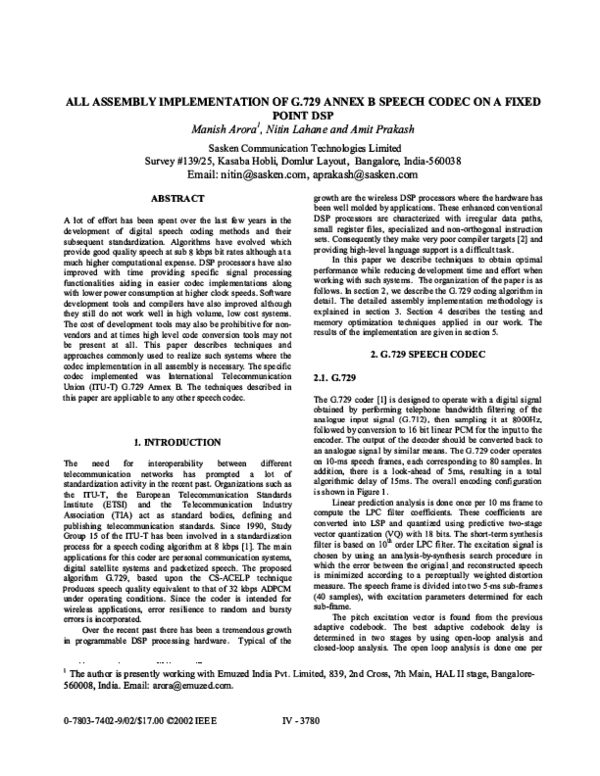 (PDF) All assembly implementation of G.729 Annex B speech codec on a fixed point DSP