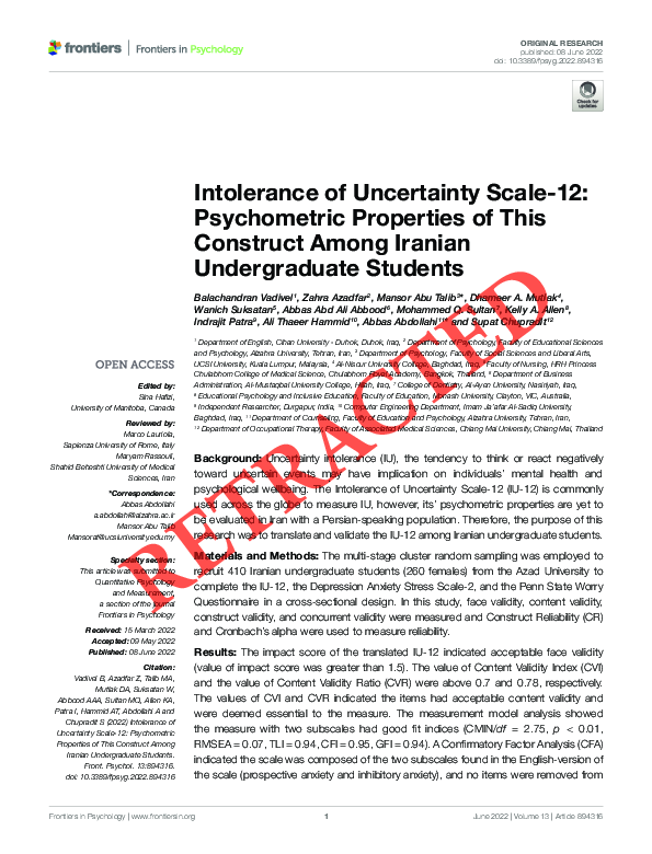 (PDF) Intolerance of Uncertainty Scale-12: Psychometric Properties of This Construct Among ...