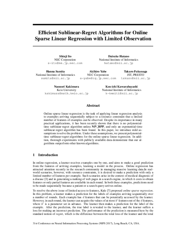 (PDF) Efficient Sublinear-Regret Algorithms for Online Sparse Linear Regression with Limited ...