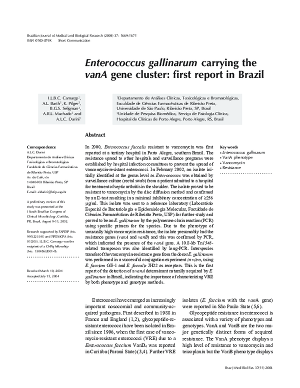 (PDF) Enterococcus gallinarum carrying the vanA gene cluster: first ...