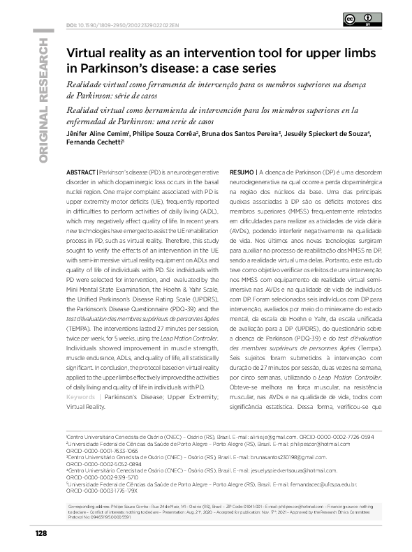 (PDF) Virtual reality as an intervention tool for upper limbs in Parkinson’s disease: a case series