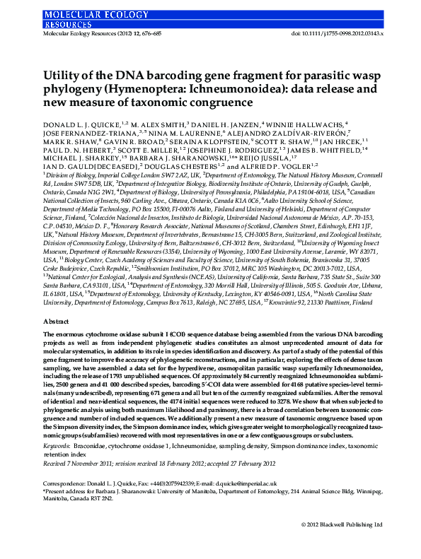 (PDF) Utility of the DNA barcoding gene fragment for parasitic wasp ...