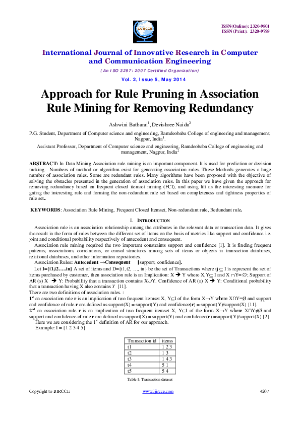Pdf Approach For Rule Pruning In Associationrule Mining For Removing Redundancy Devishree