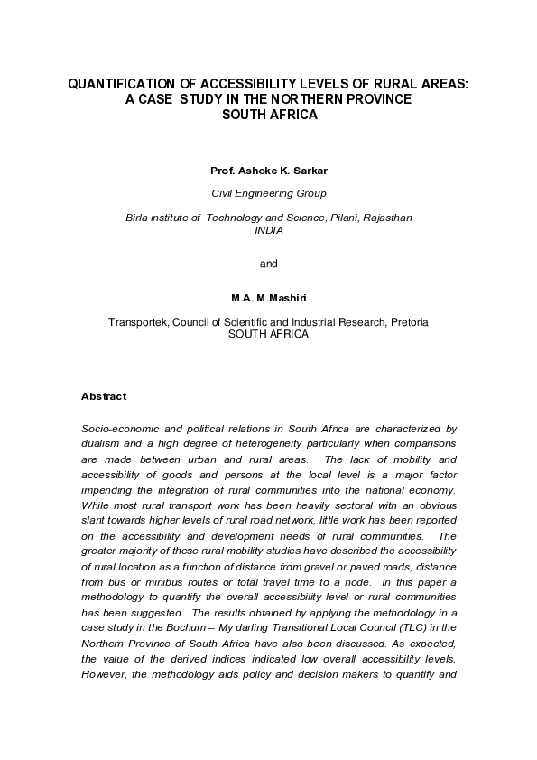 (PDF) Quantification of Accessibility Levels of Rural Areas: A Case ...