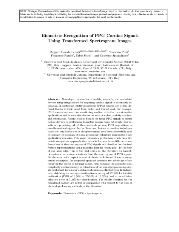 Pdf Biometric Recognition Of Ppg Cardiac Signals Using Transformed Spectrogram Images