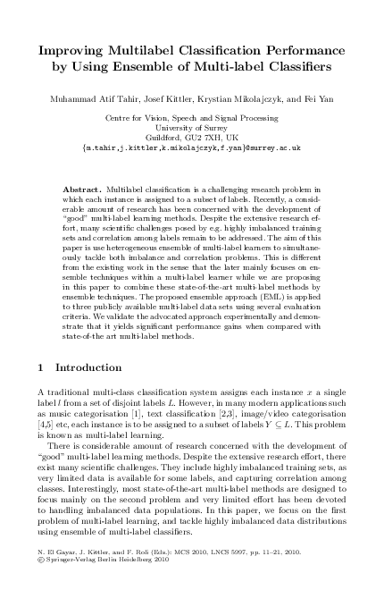 (PDF) Improving Multilabel Classification Performance by Using Ensemble of Multi-label Classifiers