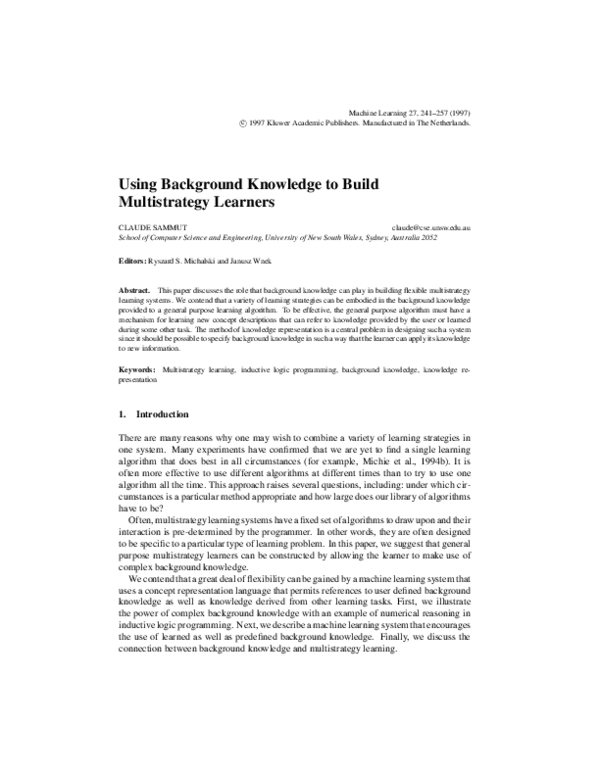 (PDF) Using Background Knowledge to Build Multistrategy Learners | Claude Sammut - Academia.edu