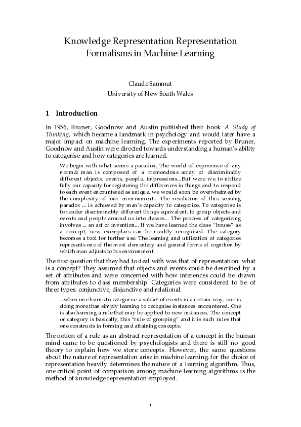 (PDF) Knowledge Representation Representation Formalisms in Machine Learning | Claude Sammut ...