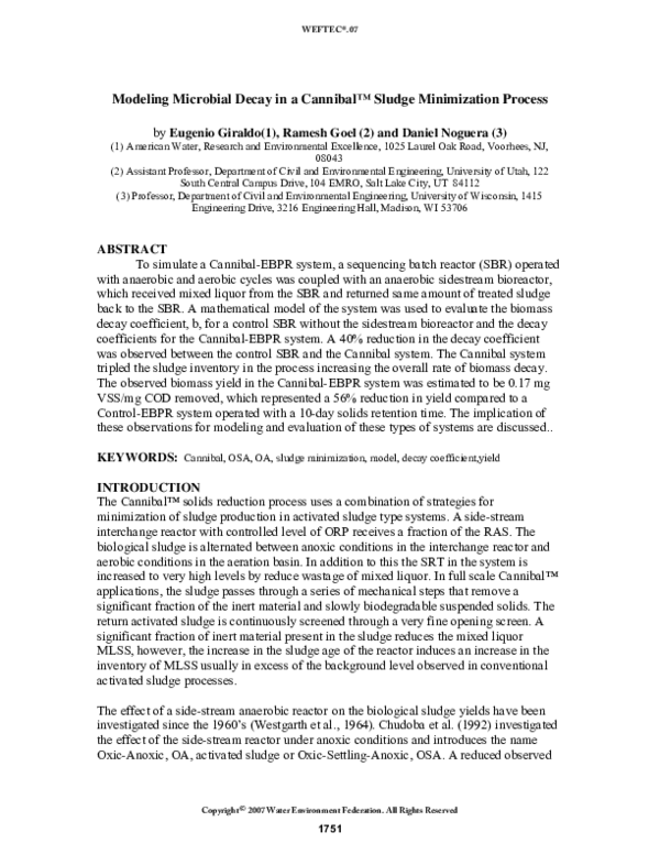 (PDF) Modeling Microbial Decay in a Cannibal™ Sludge Minimization Process