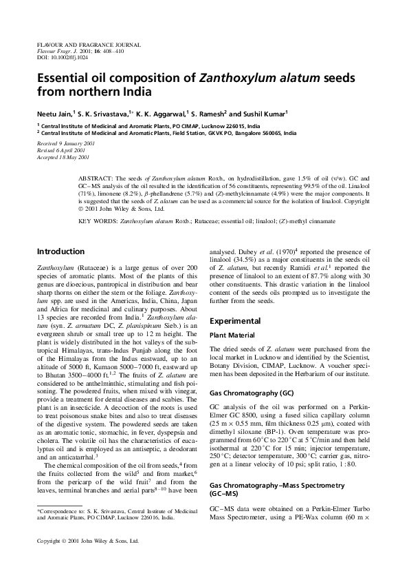 (PDF) Essential oil composition of Zanthoxylum alatum seeds from ...