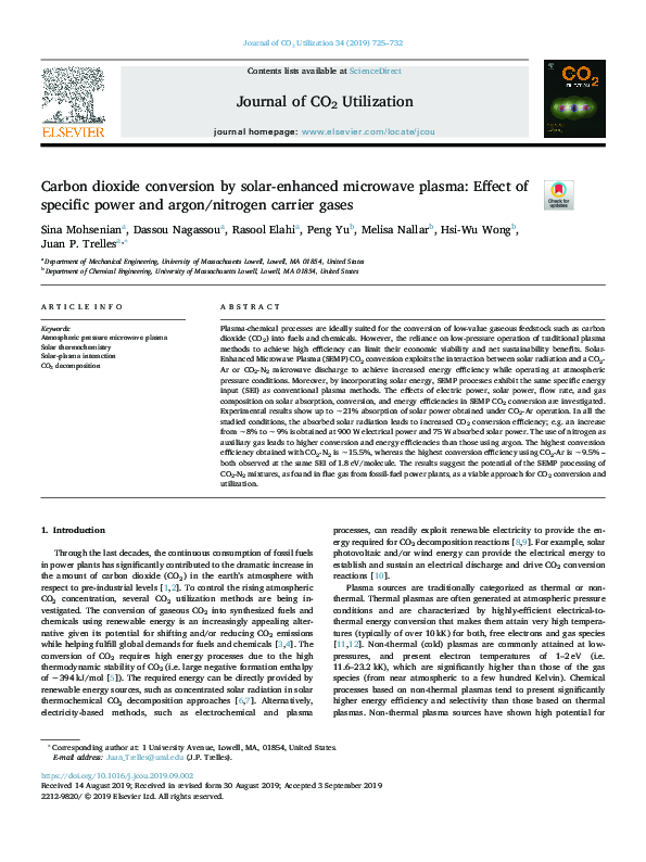 (PDF) Carbon dioxide conversion by solar-enhanced microwave plasma: Effect of specific power and ...