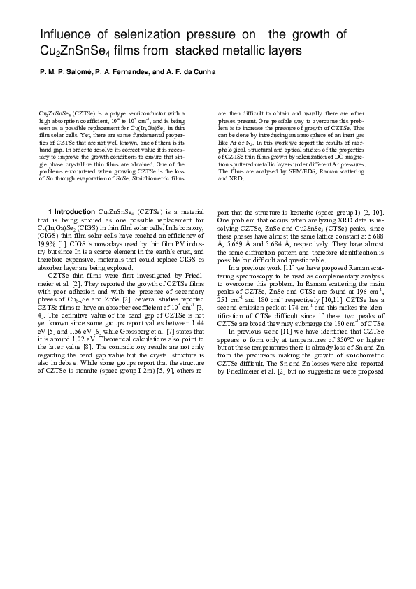 (PDF) Influence of selenization pressure on the growth of Cu2ZnSnSe4 ...