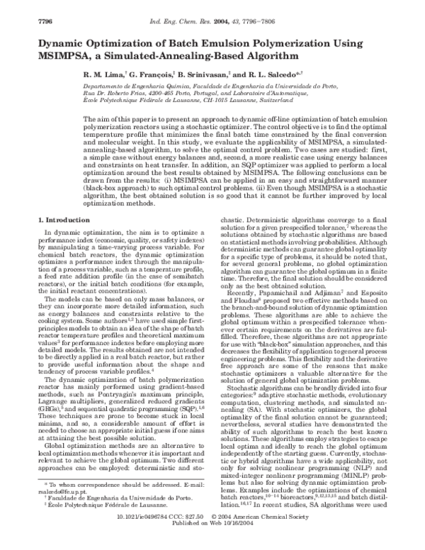 (PDF) Dynamic Optimization of Batch Emulsion Polymerization Using MSIMPSA, a Simulated-Annealing ...