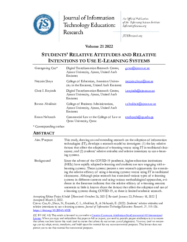 (PDF) Students' Attitudes and Intentions toward E-Learning Systems