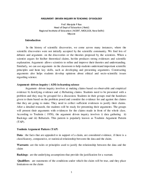 (PDF) ARGUMENT-DRIVEN INQUIRY IN TEACHING OF BIOLOGY