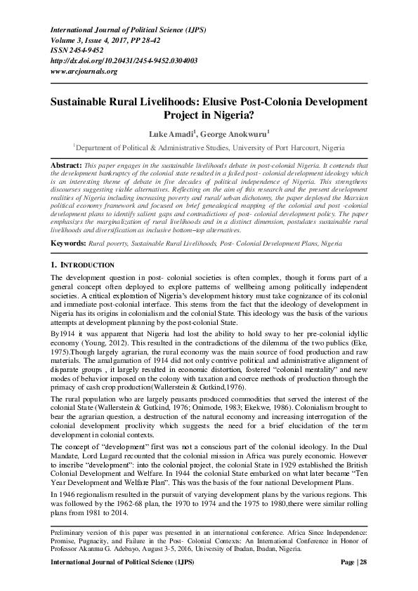 (PDF) Sustainable Rural Livelihoods: Elusive Post-Colonia Development ...