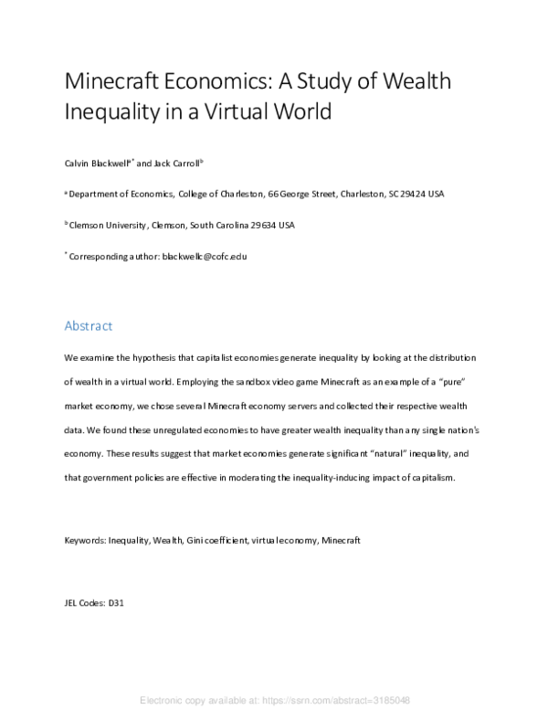 (PDF) Minecraft Economics: A Study of Wealth Inequality in a Virtual World
