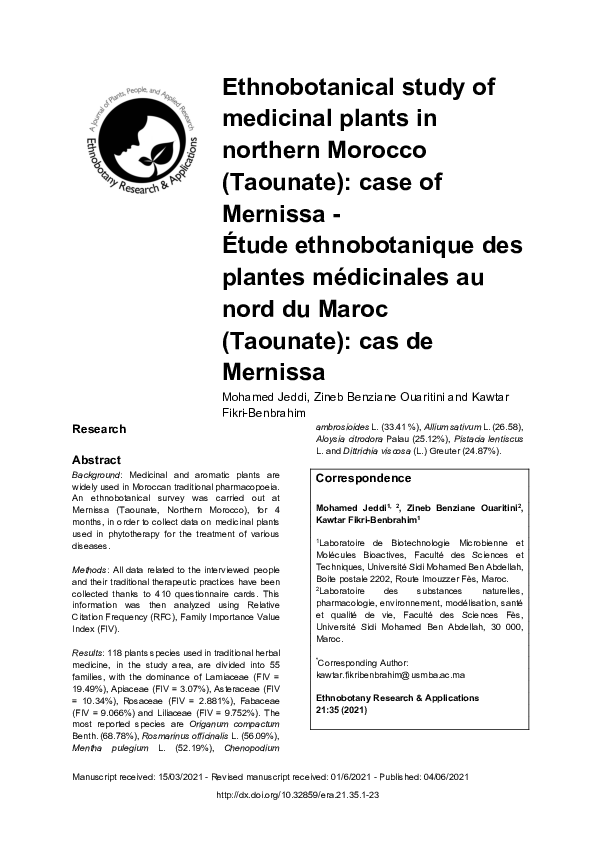 (PDF) Ethnobotanical study of medicinal plants in northern Morocco ...