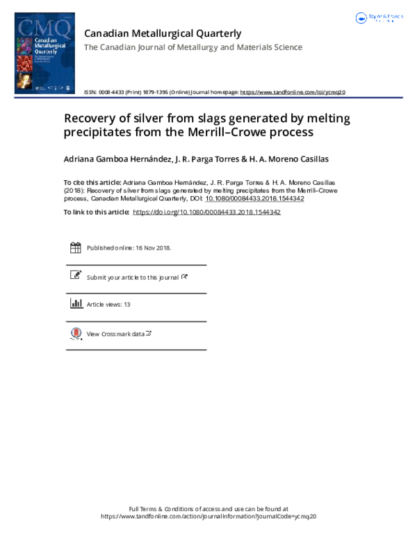(PDF) Recovery of silver from slags generated by melting precipitates ...