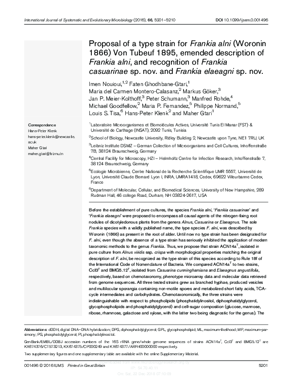 (PDF) Proposal of a type strain for Frankia alni (Woronin 1866) Von ...