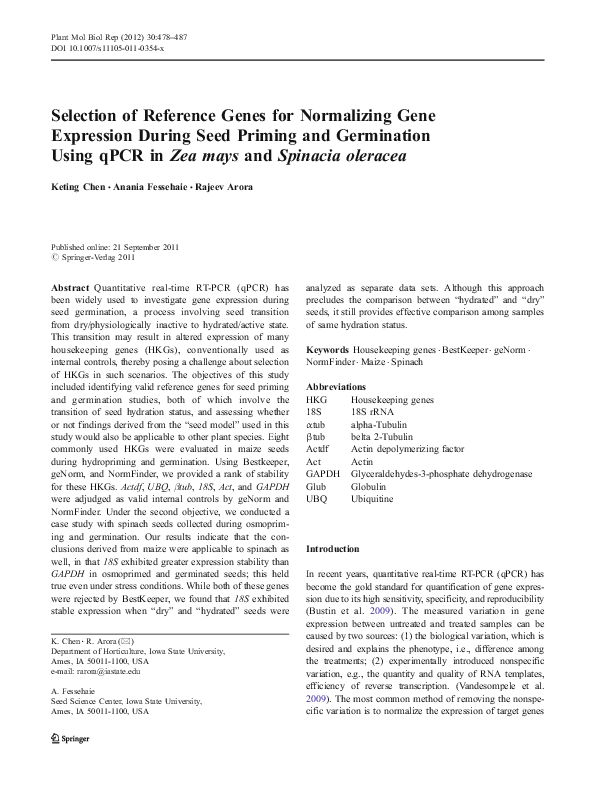 (PDF) Selection of Reference Genes for Normalizing Gene Expression During Seed Priming and ...