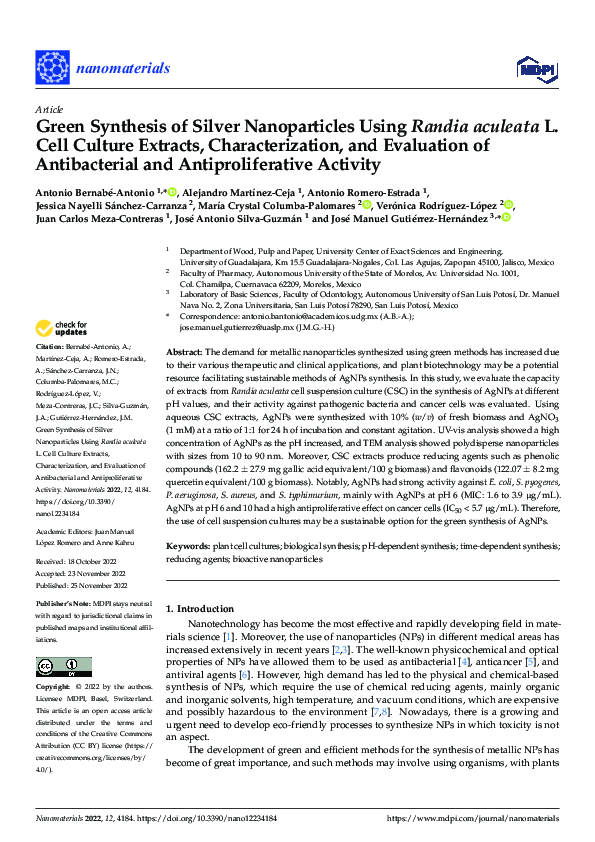(PDF) Green Synthesis of Silver Nanoparticles Using Randia aculeata L. Cell Culture Extracts ...