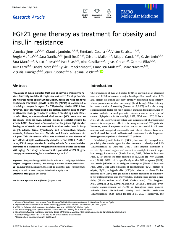(PDF) FGF21 gene therapy as treatment for obesity and insulin resistance
